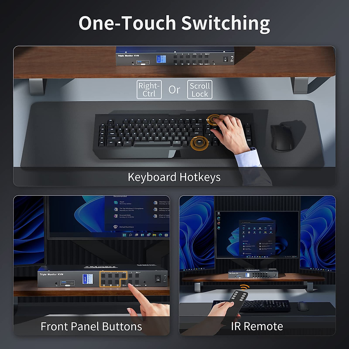TESmart USB 3.0 HDMI KVM Switch 3 Monitors 4 Computers 4K@60Hz, Headset, Audio&Microphone, EDID emulators, Hotkey Switch, Wired Network, Rack-Ears, 4 Port Triple Monitor KVM Switch with All Cables