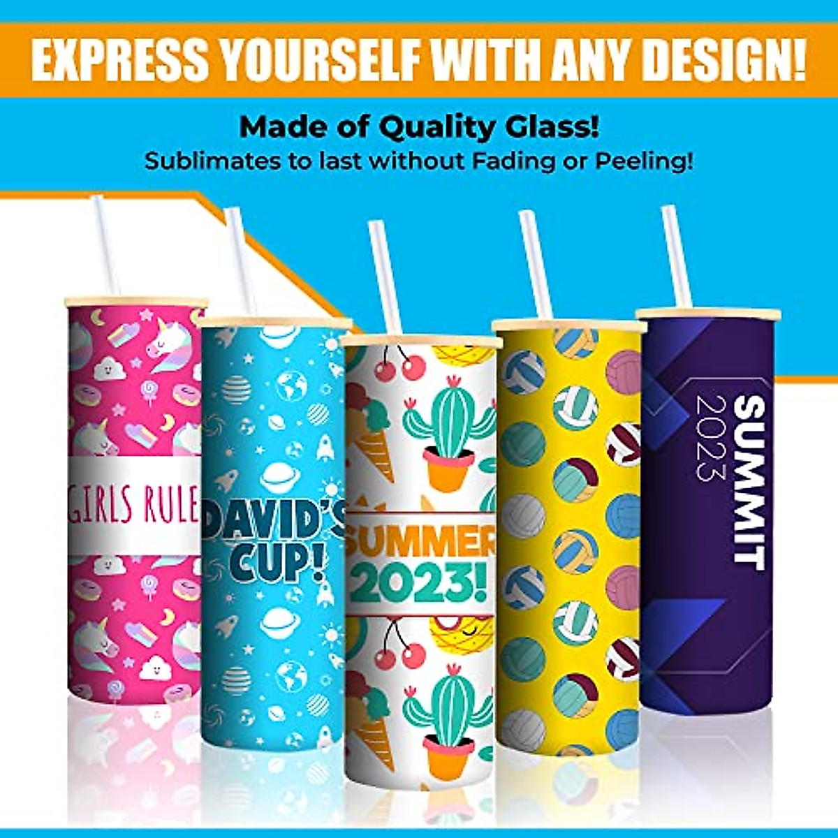 MHM Sublimation Glass Blank Tumbler Skinny Frosted 20oz and 25oz with Bamboo Lid and Straw (Sky Blue, 20oz)