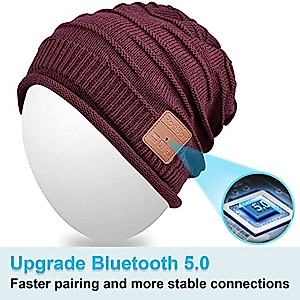 Mydeal Wireless Bluetooth Beanie Hat Headphones Headsets Music Audio Cap with Speakers Mic Hands Free for Women Men Outdoor Sports,Compatible with iPhone 7/7 Plus,Samsung - Burgundy
