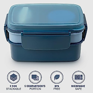 Freshmage Stackable Bento Box Adult Lunch Box with 5 Compartments, Premium All-in-One Leak-Proof Bento Lunch Box With Spoon, 1 oz Dressing Container for Work, Camping, Picnic (Blue)