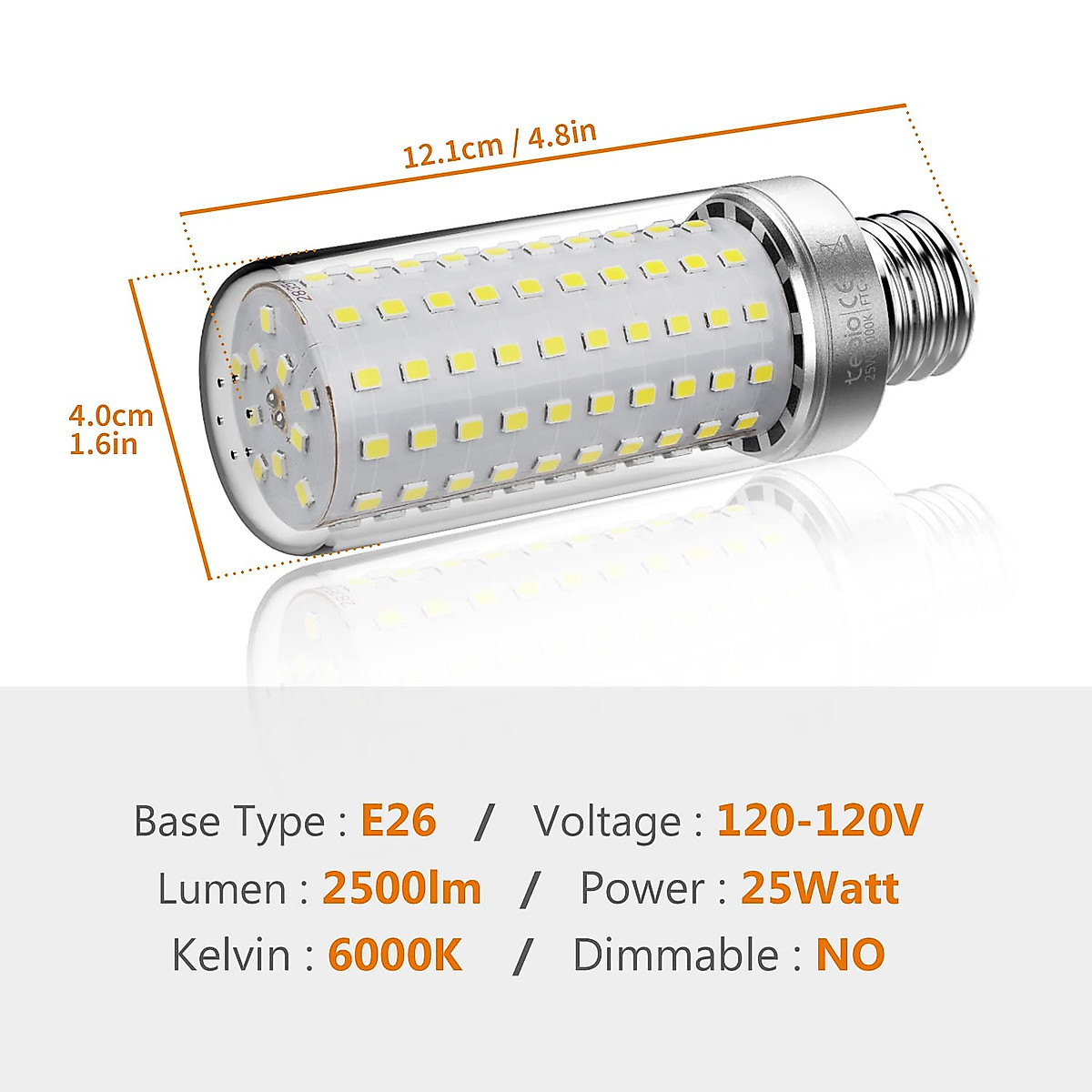 tebio LED E26 Corn Bulb 25W Middle Edison Screw LED Bulbs, 6000K Daylight White, 200W Incandescent Equivalent, Non-dimmable Light Bulb, 3-Pack
