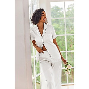 Ekouaer Silk Satin Pajamas Set Women Short Sleeve Sleepwear Soft Button Down Loungewear Pjs Set White X-Large