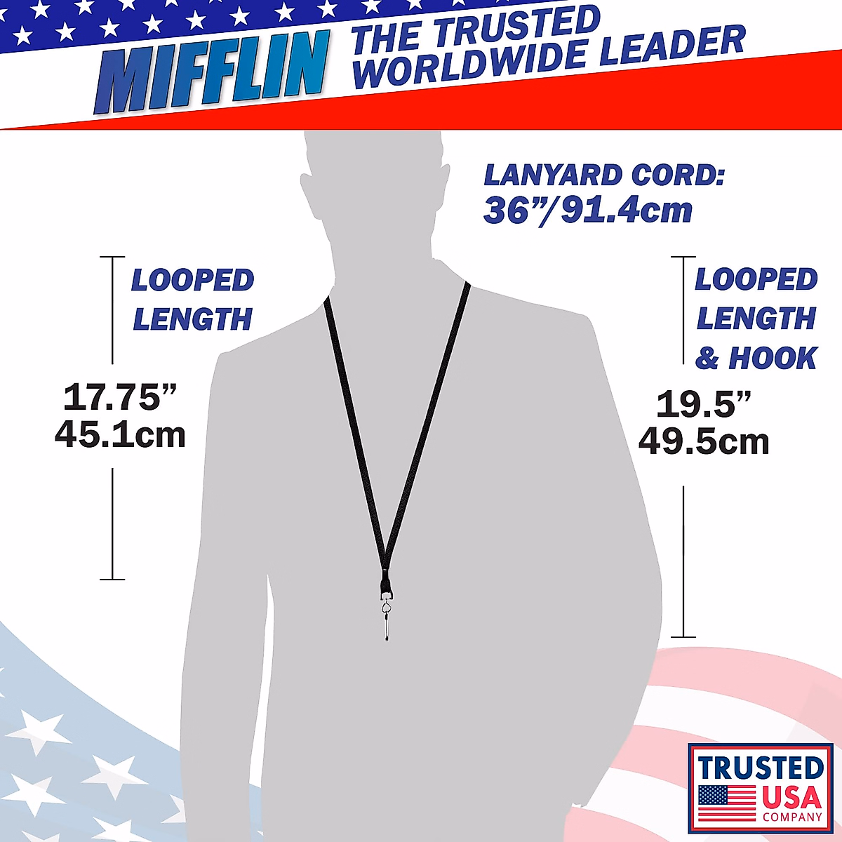 Mifflin-USA Flat Lanyards for ID Badges (Black, 36 Inch, 5 Pack), Comfortable Neck Straps