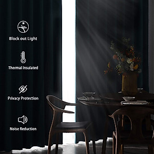 DWCN Black Blackout Curtains for Bedroom with Tiebacks - Thermal Insulated Light Blocking Grommet Window Curtains for Living Room, 38 x 45 inch Length, Set of 2 Panels