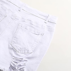 THUNDER STAR Women Mid Rise Ripped Stretchy Jeans Shorts Frayed Raw Hem Casual Denim Shorts White1# M