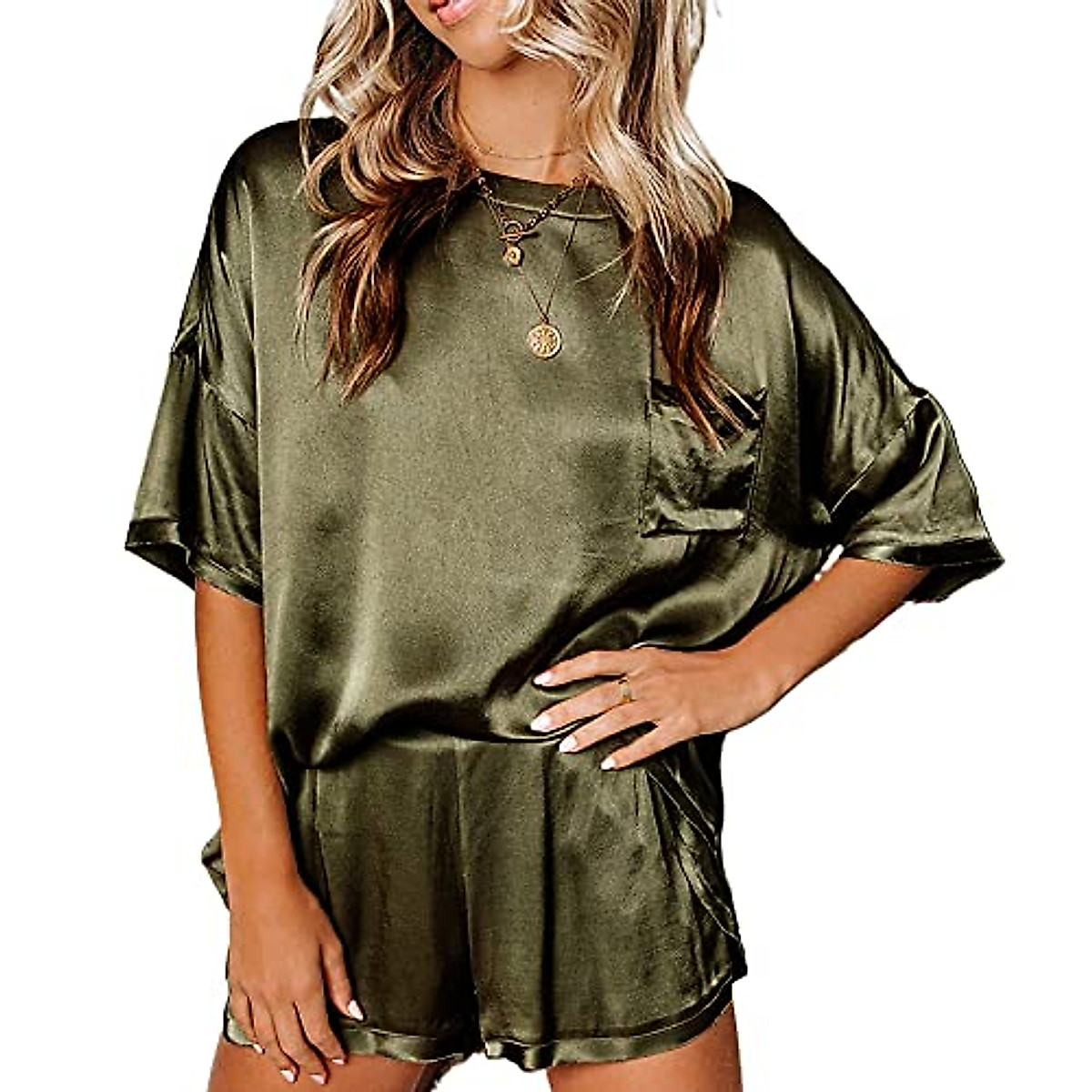 Pajama Sets Womens Silk Satin Pajamas Family Set Short Sleeve Nightwear with a Pocket Soft Loungewear for Summer Spring,2-imitation Silk-green,X-Large