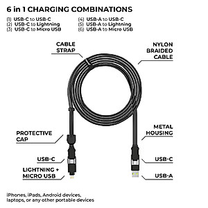 Rolling Square inCharge XL 6-in-1 Multi Charging Cable, Portable USB and USB-C Cable with 100W Ultra-Fast Charging Power, 10 Ft/3m, Urban Black