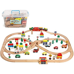 On Track USA Wooden Train Set 100 Piece All in One Wooden Toy Train Tracks Set with Magnetic Trains and Railway Accessories, Comes in A Clear Container, Compatible with All Major Brands