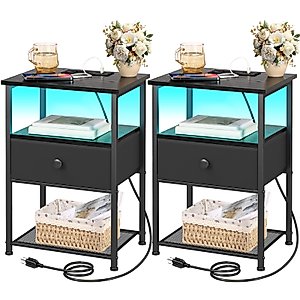 LOAKEKEL Night Stand Set 2, LED Nightstand with Charging Station, End Tables with Fabric Drawer for Small Spaces, Bedside Table with Storage Shelf for Bedroom, Black, HETS01BK