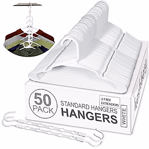 Heshberg Plastic Notched Hangers Space Saving Tubular Clothes Hangers Standard Size Ideal for Everyday Use on Shirts, Coats, Pants, Dress, Skirts, Etc. (50 Pack, White)