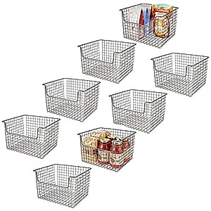 mDesign Metal Wire Food Storage Basket Organizer with Front Dip Opening for Organizing Kitchen Cabinets, Pantry Shelf, Bathroom, Laundry Room, Closets, Garage, Concerto Collection, 8 Pack - Dark Gray