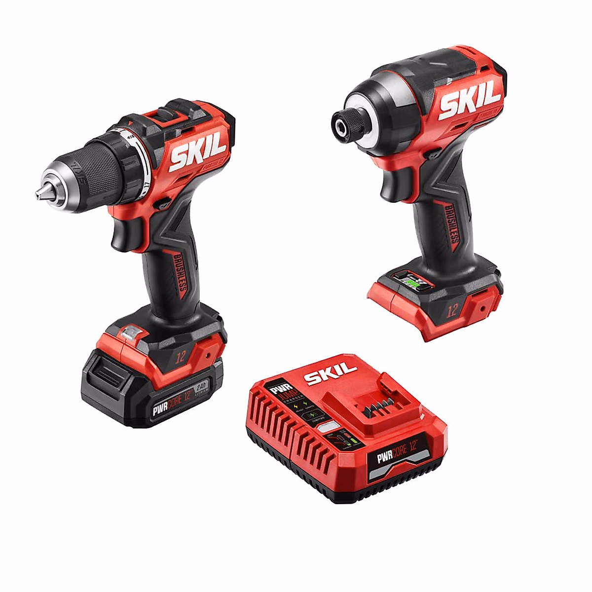 SKIL PWR CORE 12 Brushless 12V Compact Drill Driver & Impact Driver Kit Includes 2.0Ah Battery and PWR JUMP Charger - CB8429A-10,Red