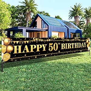 KatchOn, XtraLarge Happy 50th Birthday Yard Banner - 120x20 Inch | Black and Gold 50th Birthday Yard Sign for Men | Happy 50th Birthday Banner for 50th Birthday Decorations | 50 Birthday Decorations