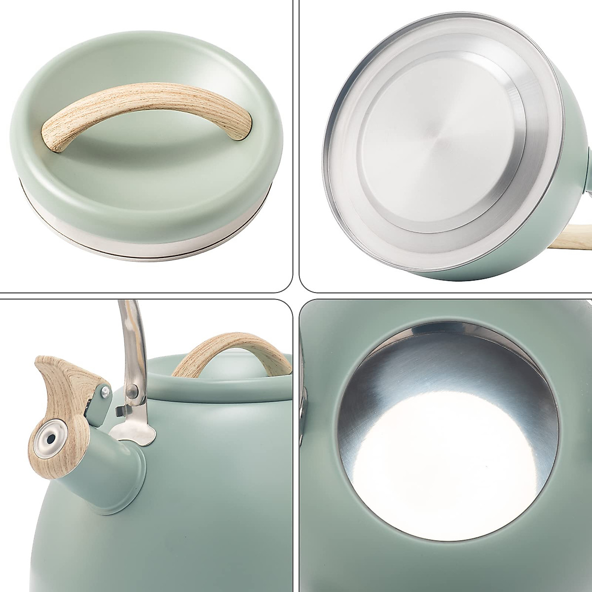 3.2 Quart Whistling Tea Kettle for Stove Top Stainless Steel Tea Pots With Wood Pattern Anti-slip Handle, Green…