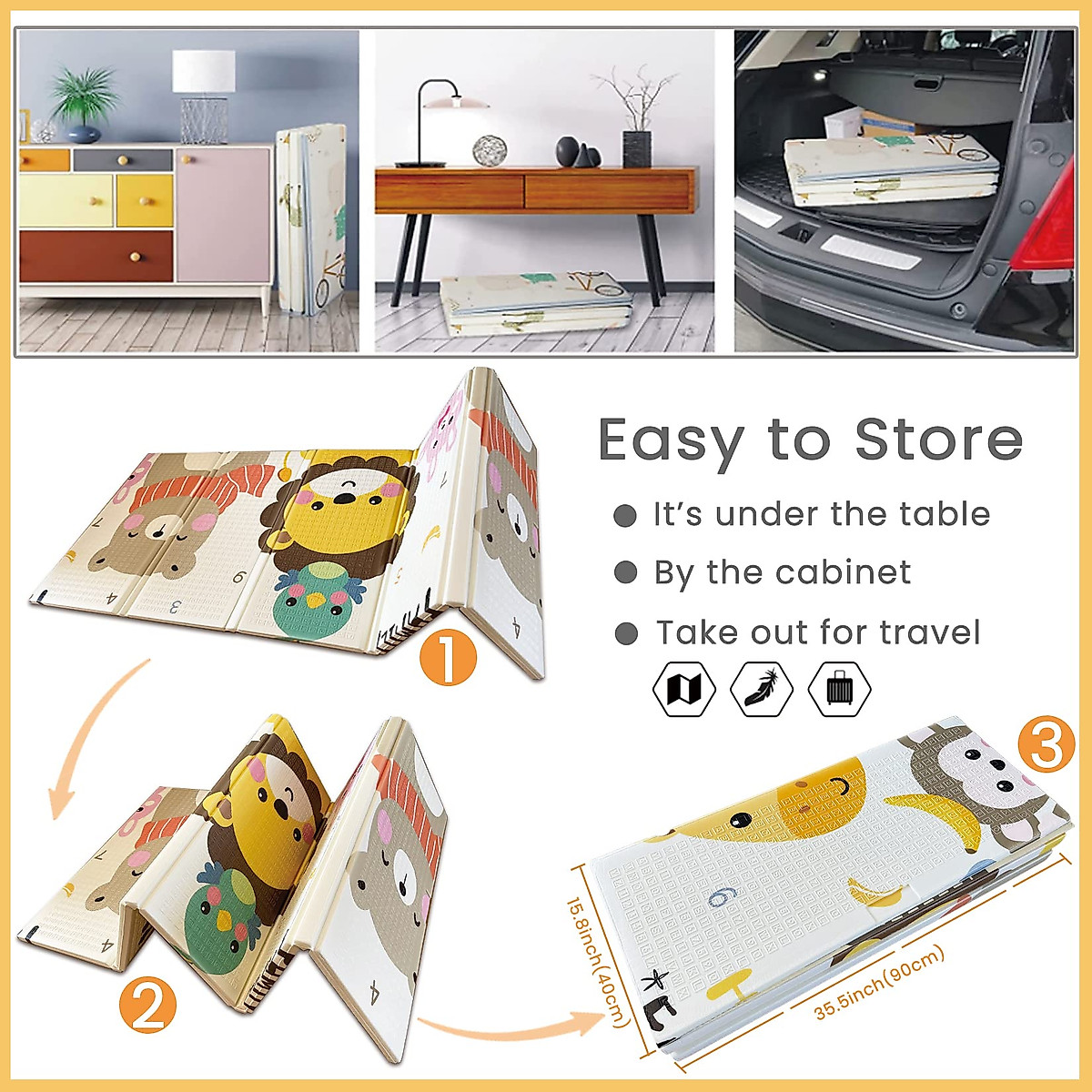 Baby Play Mat, Extra Large Folding Baby Crawling Mat, Waterproof Reversible Playmat Foam Non Toxic Anti-Slip Portable Kids Play Mat for Infant, Toddler (Animal World, 70in*78in*0.4in)