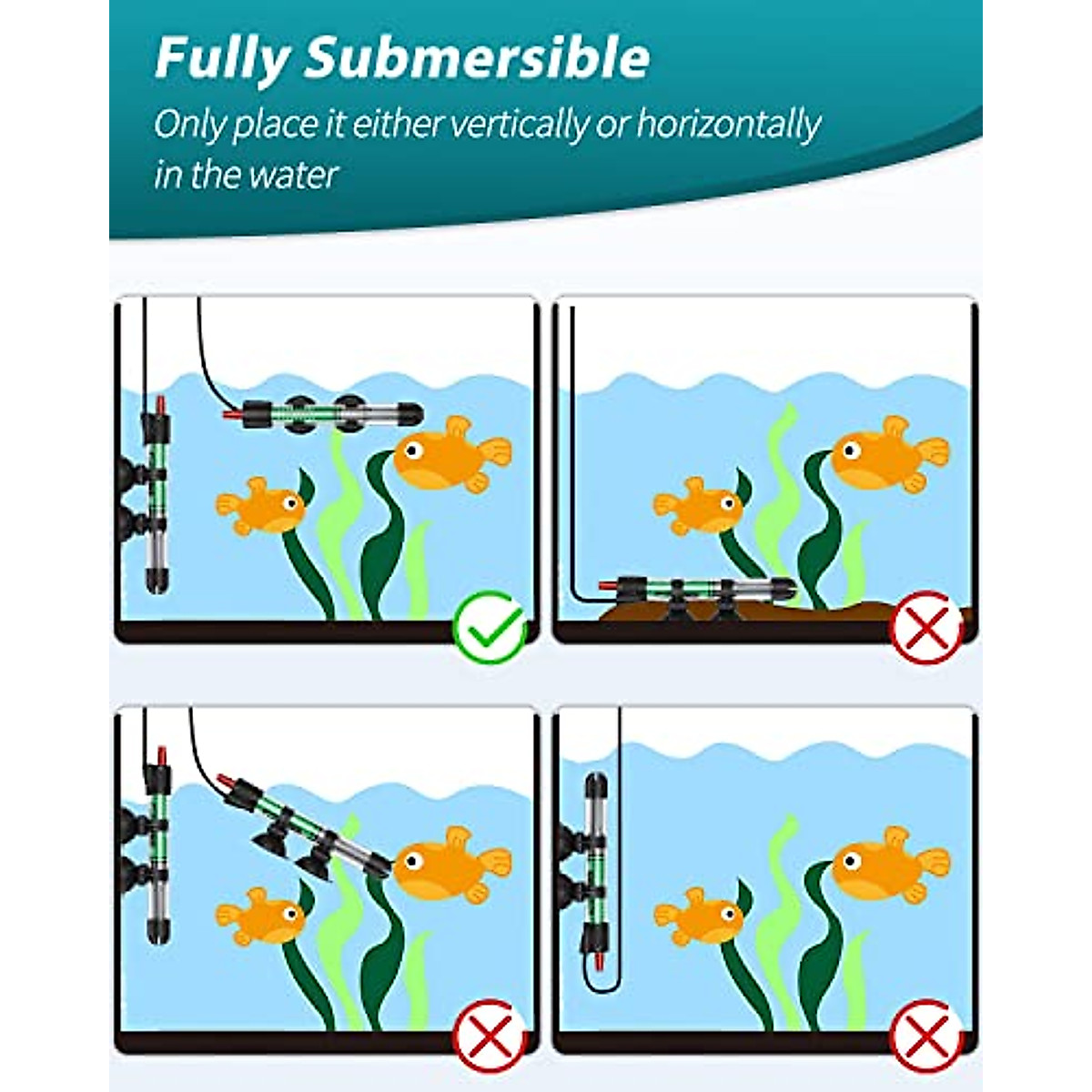 Uniclife Aquarium Heater 25W/50W/100W/200W Adjustable Submersible Heating Rod with Electronic Thermostat LED Indicator Light and Thermometer Sticker for Freshwater Marine Fish Tanks