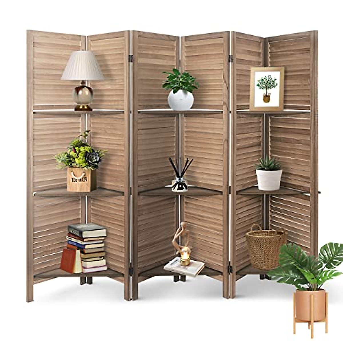 Babion 6 Panels Room Divider, Privacy Screen Room Dividers and Folding Privacy Screen, Room Dividers with 3 Display Shelves, Wood Room Divider, Partition Wall for Home Office, Brown