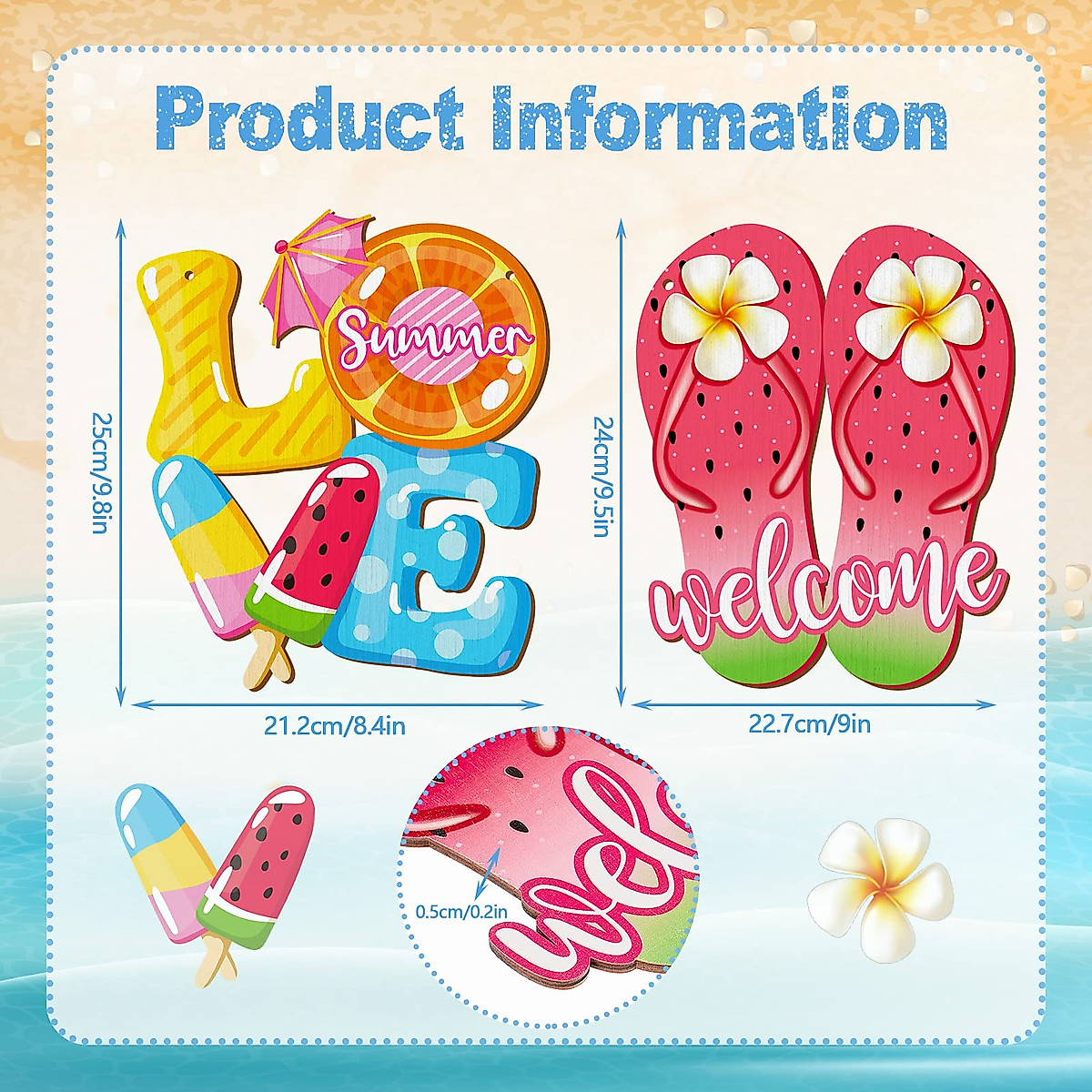 2 Pieces Ice Cream Sandbeach Hanging Sign Happy Summer Wood Sign Sweet Summer Wood Ornaments Summer Welcome Sign Door Wood Hanging Sign for Summer Holiday Party Home Door Wall Window Decor (Sandbeach)