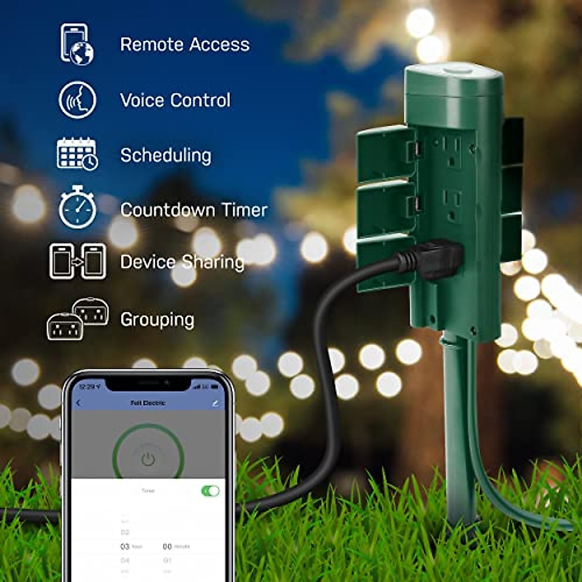 Feit Electric PLUG/WIFI/STK/WP Work with Alexa and Google Home, Feit App, No hub required, Remote Control From Anywhere 15 Amp Smart Outlets, Outdoor Yard, Green
