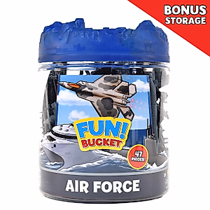 Military Air Force Bucket – 47 Assorted Battleships and Accessories Toy Play Set for Kids, Boys and Girls | Plastic Boat and Plane Figures with Storage Container