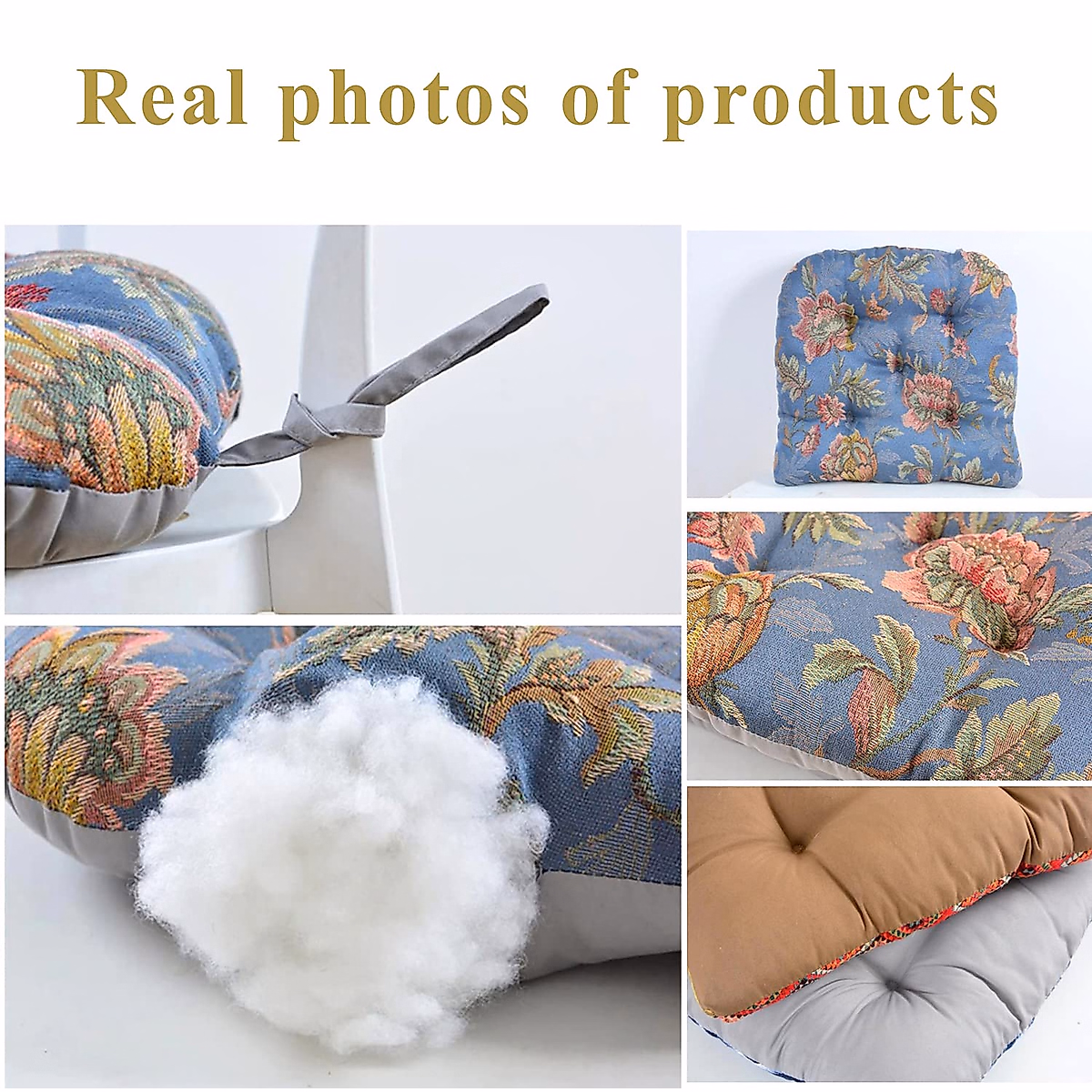 Chair Cushions for Dining Chairs 6 Pack - Thickening European Style Kitchen Chair Cushions Set of 6 with Ties, Flower U-Shaped Tufted Chair Cushions for Kitchen Sofa Office Room Decor