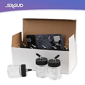 SAGUD 10pcs Glass Airbrush Bottles Kit 18cc (2/3 Ounce) Airbrush jar with 10pcs Adapter Cap Covers Set and 60° Down Angle Adaptor Lid,Fits Single Action Siphon Feed Airbrushes