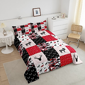 Erosebridal Boys Camo Comforter Set, Deer Silhouette Bedding Set Twin for Kids Teens Adult, Black White Red Camouflage Quilted Comforter Antlers Grid Checkered Down Comforter with 1 Pillow Case