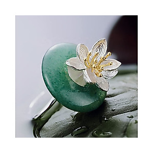 Stunning Lotus Flower Ring with Natural Gemstone Aventurine in 925 Sterling Silver Adjustable Ring Size Women Fine Handmade Jewelry - PremiumPearl