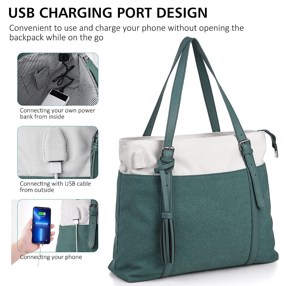 Tote Bag Women,Cute School Bag Bookbag for College,Small Work Purse with Pockets Laptop Compartment 15.6in,Canvas Zippered Shoulder Bag for Teacher Nurse,Green