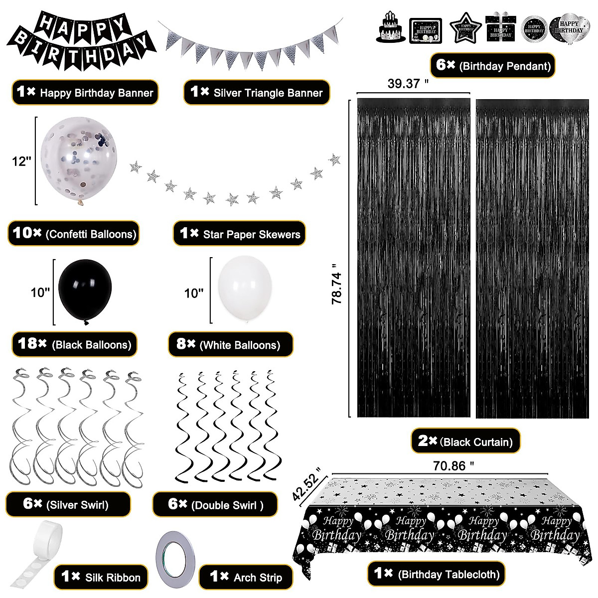Birthday Decorations Black and White for Men Women, 74Pcs Happy Birthday Balloons Set for Boys Girls with Bday Tablecloth Fringe Curtains Swirls for 16th 18th 21st 30th 35th 40th 45th 50th 60th 70th