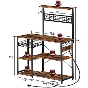 MAHANCRIS Bakers Rack with Power Outlet, Microwave Stand, Industrial Coffee Bar with Wire Basket, Kitchen Storage Rack with 6 S-Shaped Hooks, for Spices, Pots and Pans, Rustic Brown BRHR90E01Z