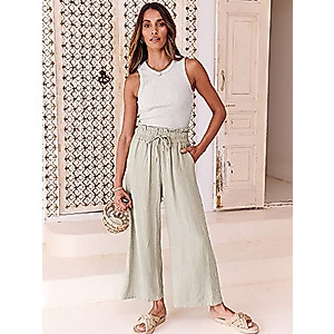 ANRABESS Women's Linen Pants Casual Loose High Waist Drawstring Wide Leg Capri Palazzo Lounge Pants Cropped Trousers Summer Boho Outfits 939maxing-S Beige