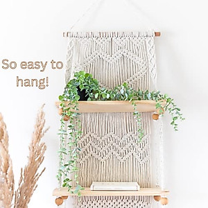 SnugLife Macrame Wall Hanging Shelf - 3 Tier Wall Shelves with Handmade Woven Rope - Boho Shelves Organizer Hanger for Kitchen, Bathroom, Home Storage, Floating Indoor Plant Wall Shelf (Pine Wood)