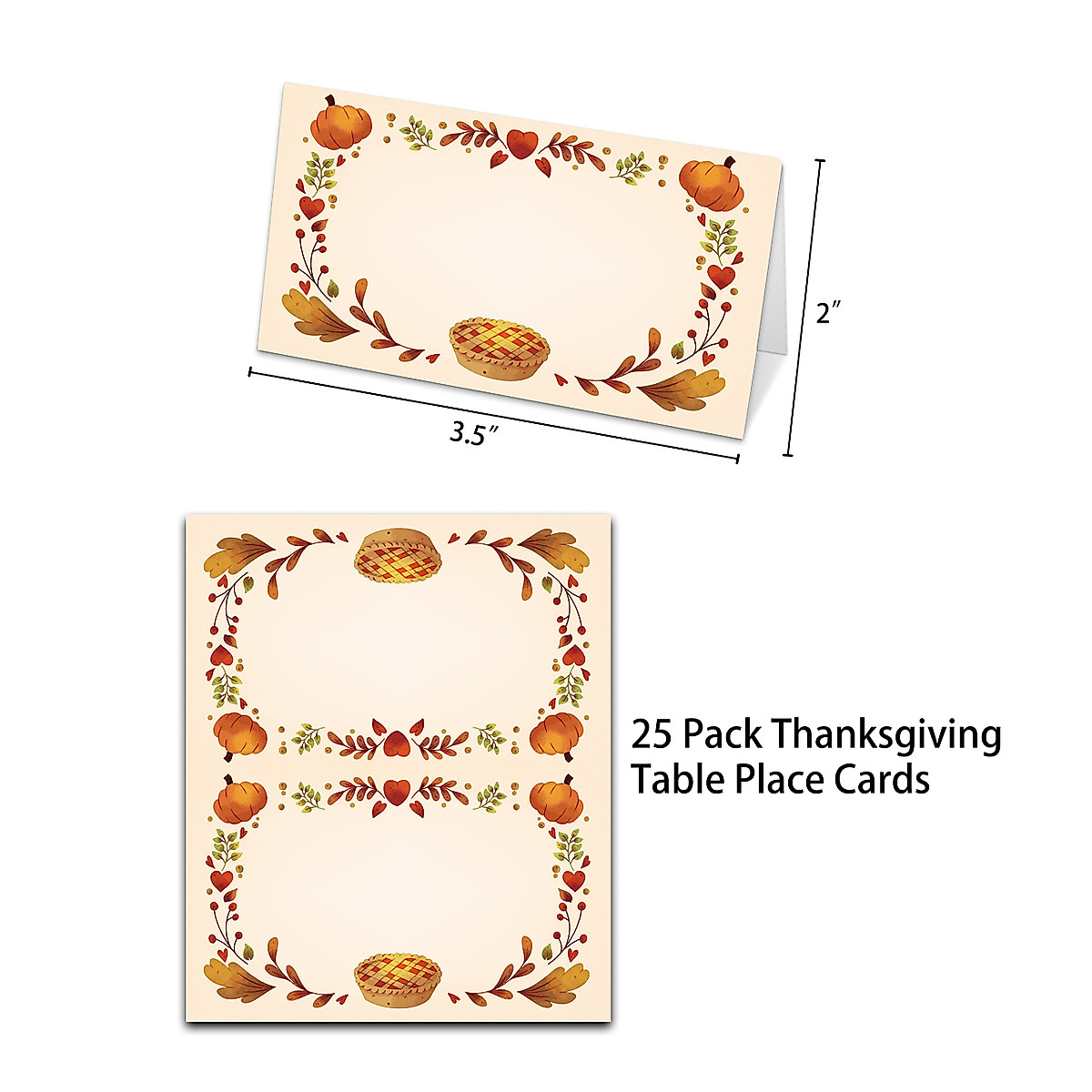 Fall Thanksgiving Table Place Cards, Orange Pumpkin Blank Seating Place Card for Table, 25 Pack Buffet Food Tent Labels, Double Design Name Cards, Thanksgiving Day Party Decorations(02)
