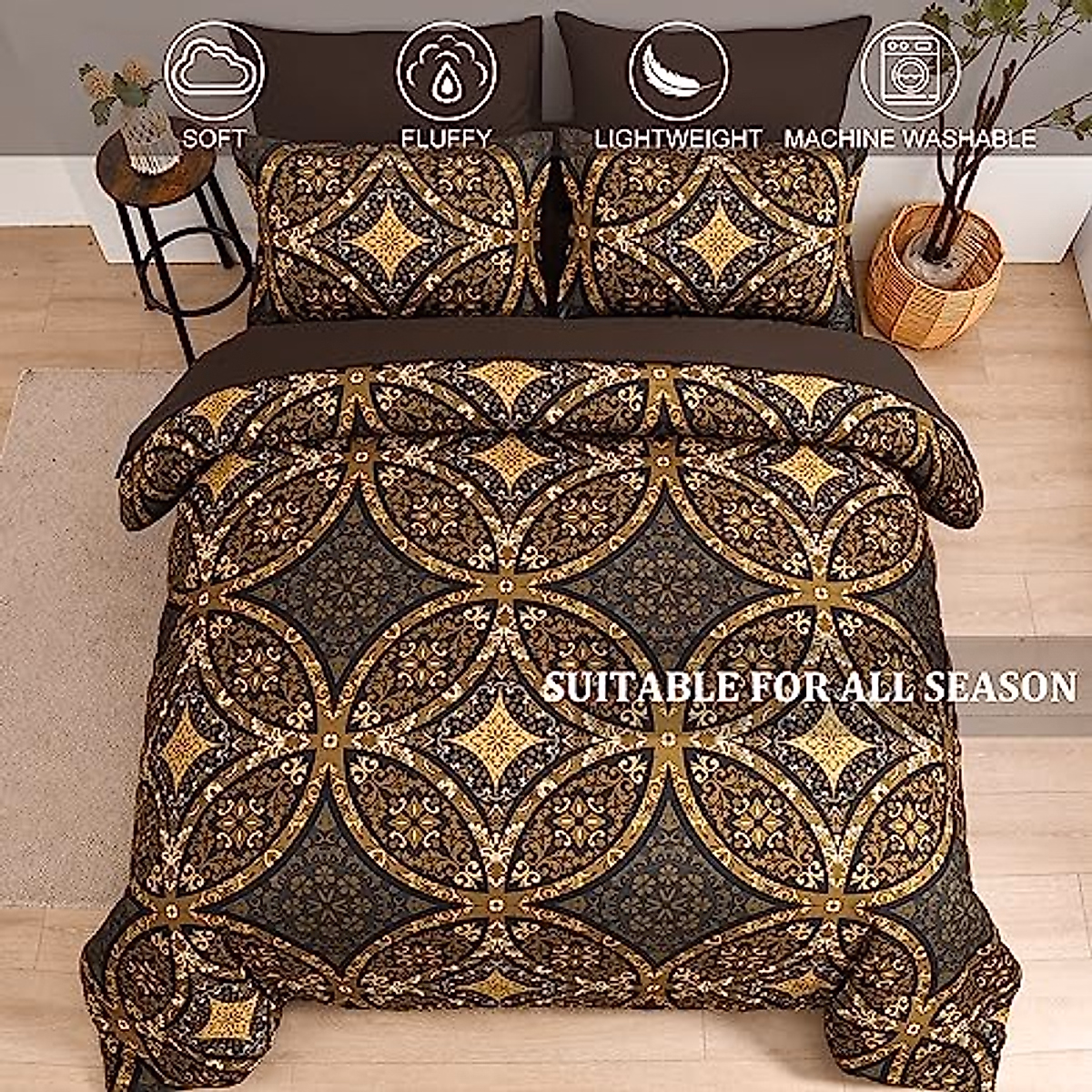 Boho Comforter Set Queen, Bohemian Black Bed in a Bag Bedding Set - 7 Pieces Black and Gold Reversible Comforter for Queen Size Bed, All Season Warm Lightweight Boho Bed Complete Set with Sheets