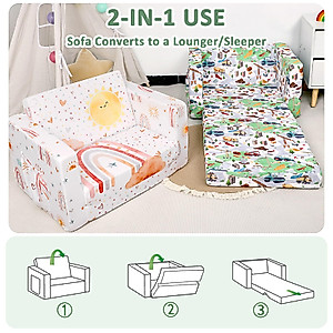 CARUILI Toddler Couch Chair, 2-in-1 Soft Kids Couch Bed Fold Out with Pillow, Convertible Kids Sofa to Lounger for Girls and Boys 1-3 Years, Assembling Toddler Chairs Comfy, Green