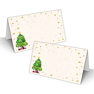 Christmas Table Place Cards, Xmas Blank Seating Place Card for Table, 25 Pack Buffet Food Tent Labels, Double Design Name Cards, Scored for Easy Folding, Christmas Party Decorations(09)