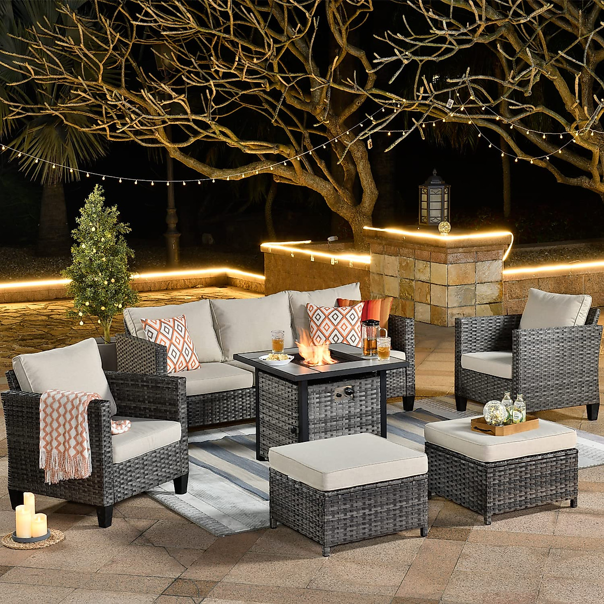 ovios Patio Furniture Set, 6 Pieces Outdoor Furniture with Square Propane Fire Pit Table, Conversation Set with Couch Chairs Ottomans for Garden Backyard Porch (Beige)