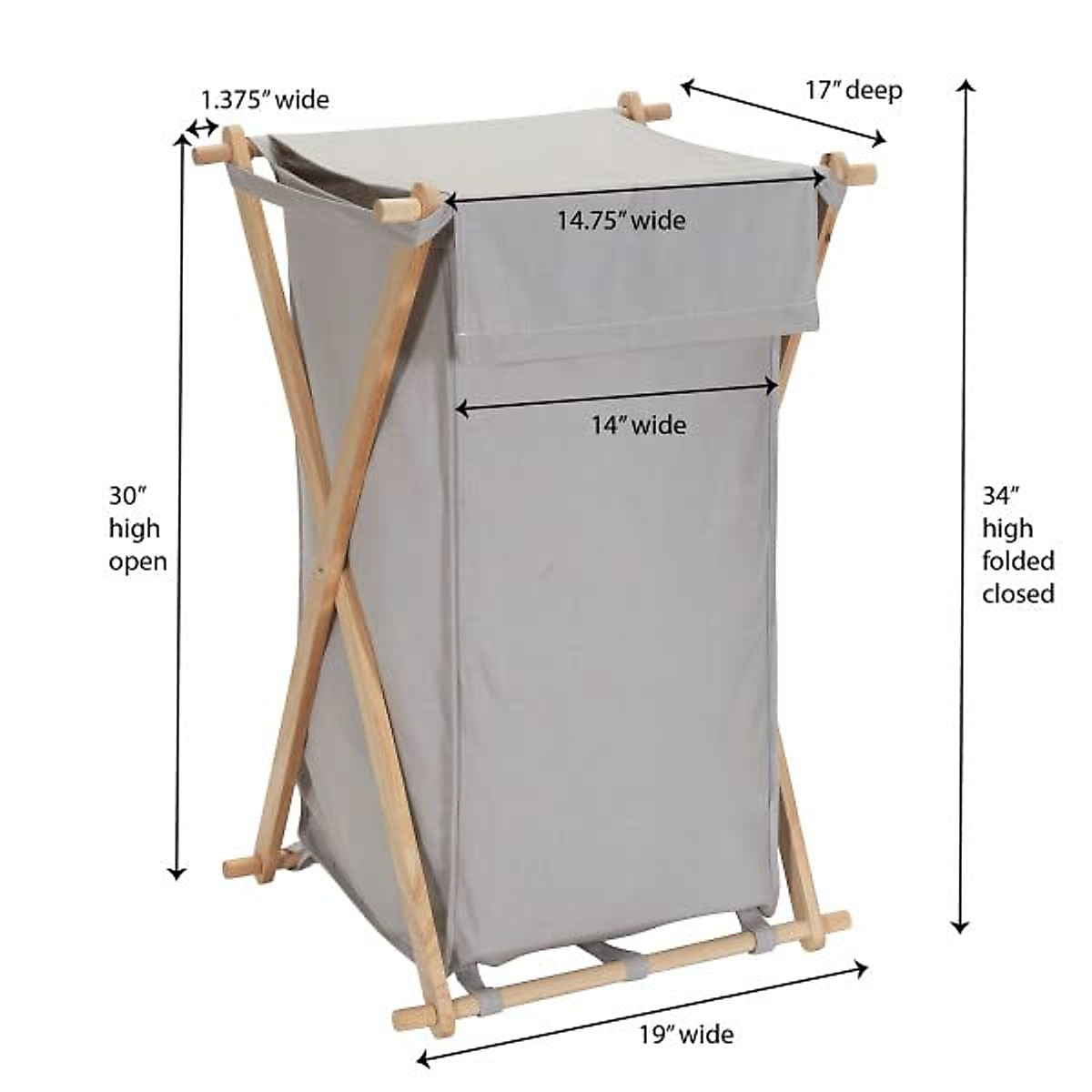 Household Essentials X-Frame Wood Laundry Hamper, Folding Wood Frame with Washable Gray Poly-Cotton Bag Large