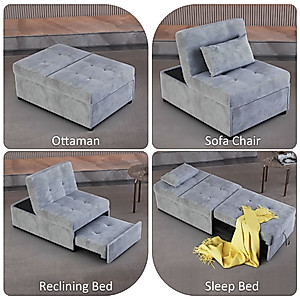 LEVNARY Convertible Chair Bed Sleeper, Velvet 4 in 1 Single Sofa Folding Chair Ottoman, Pull Out Small Couch Ottoman Bed for Home Living Room (Velvet Grey)