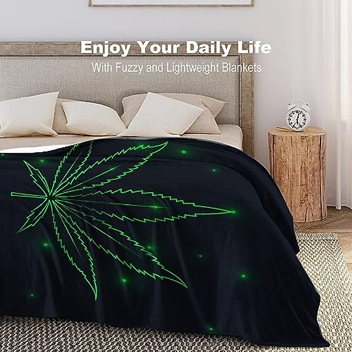 Lightweight Flannel Blanket for Men Boys, Compatible with Green Lined Cannabis Leaf, Small Large Warmer Fall Throw Blanket, Cute Fleece Blanket for Couch Bed Sofa Chair, Queen King Size Blankets