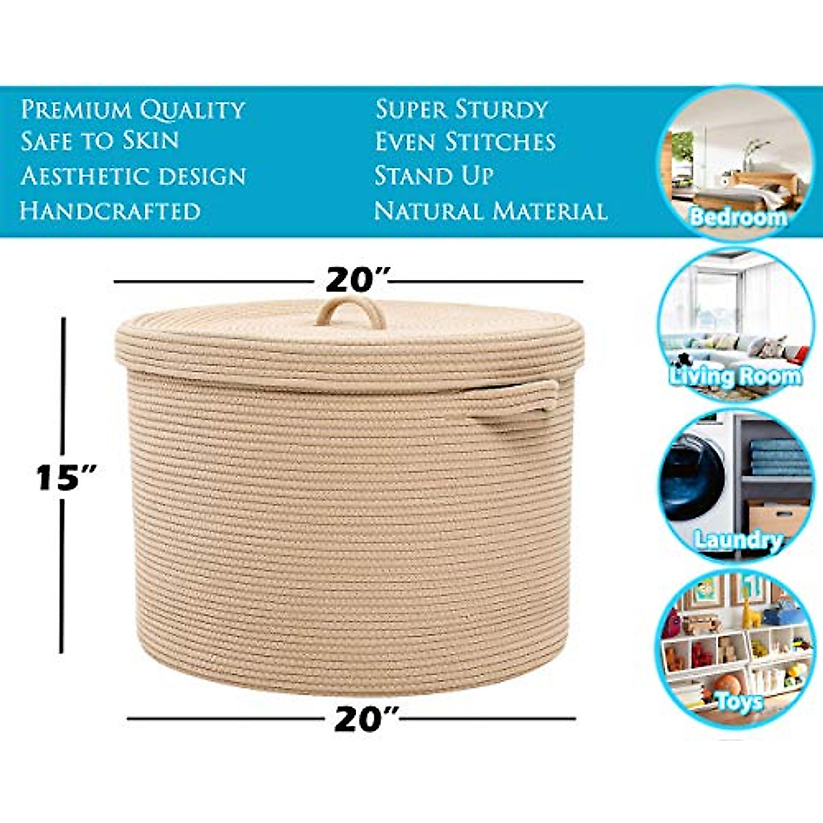 20" x 20" x 15" Extra Large Storage Basket with Lid, Cotton Rope Storage Baskets, Laundry Hamper, Toy Bin, for Toys Blankets Pillows Storage in Living Room Baby Nursery, Basket with Cover, All Beige