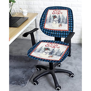 Christmas Plaid Snowman Office Chair Cover Stretchable Computer Chair Seat Cover Backrest Slipcovers, Stretchable Rotating Desk Chair Seat Cushion Split Protectors Buffalo Snowflake Snow Tree