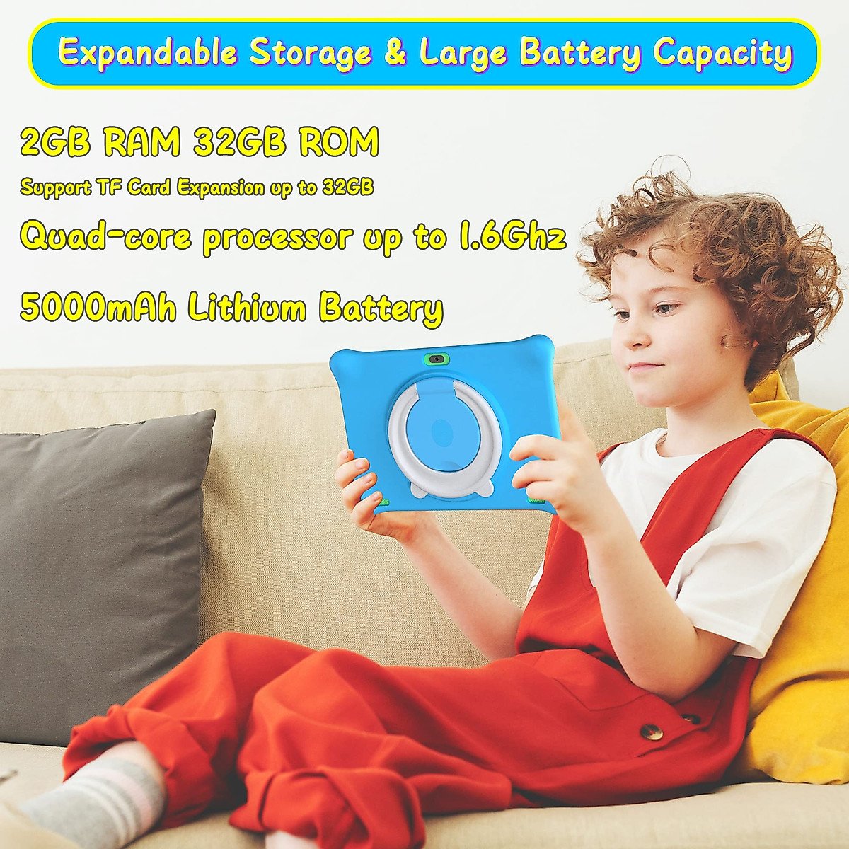 SGIN Tablet for Kids, 2GB RAM 32GB ROM 10 Inch Kids Tablet Android 12 with Case with Parental Control APP, Dual Camera, WiFi, Educational Games，iWawa Pre Installed, Blue