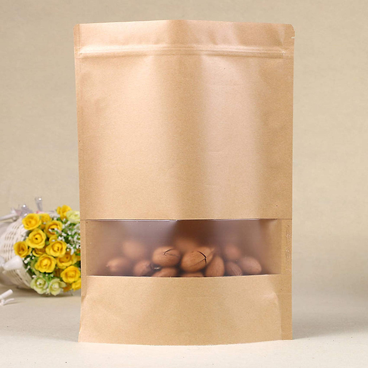 100pcs Kraft Bags with Window Zipper Lock Stand Up Bulk Pouches Resealable 4.7×7.8in