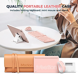 MEETION Foldable Keyboard and Mouse, Portable Bluetooth Keyboard and Mini Mouse with Stand Holder, for Travel, Business, Gifts, USB-C Rechargeable, Travel Keyboard Mouse for iPad Tablets Laptop, Pink