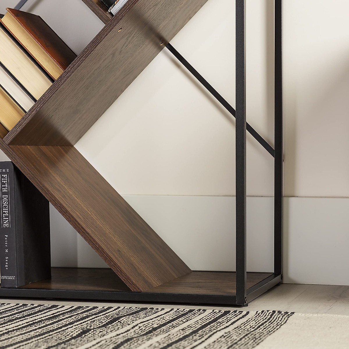 Walker Edison Modern V-Shaped Open Shelf Metal Wood Bookcase Tall Bookshelf Storage Home Office, 68 Inch, Dark Walnut