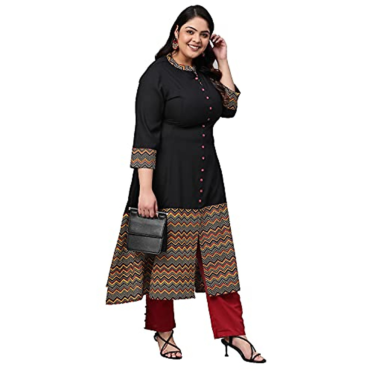 Yash Gallery Women's Rayon & Cotton Cambric Zig-Zag Print A-Line Kurta (XXL, Black.)