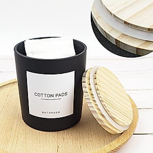 Ezebesta 3PCS Modern 13.53oz Black Bathroom Canisters with 12 Labels & Wooden Lid Thick Glass Jar Set Qtip Holder for Cotton Ball & Pads Storage Organization Minimalist Decor