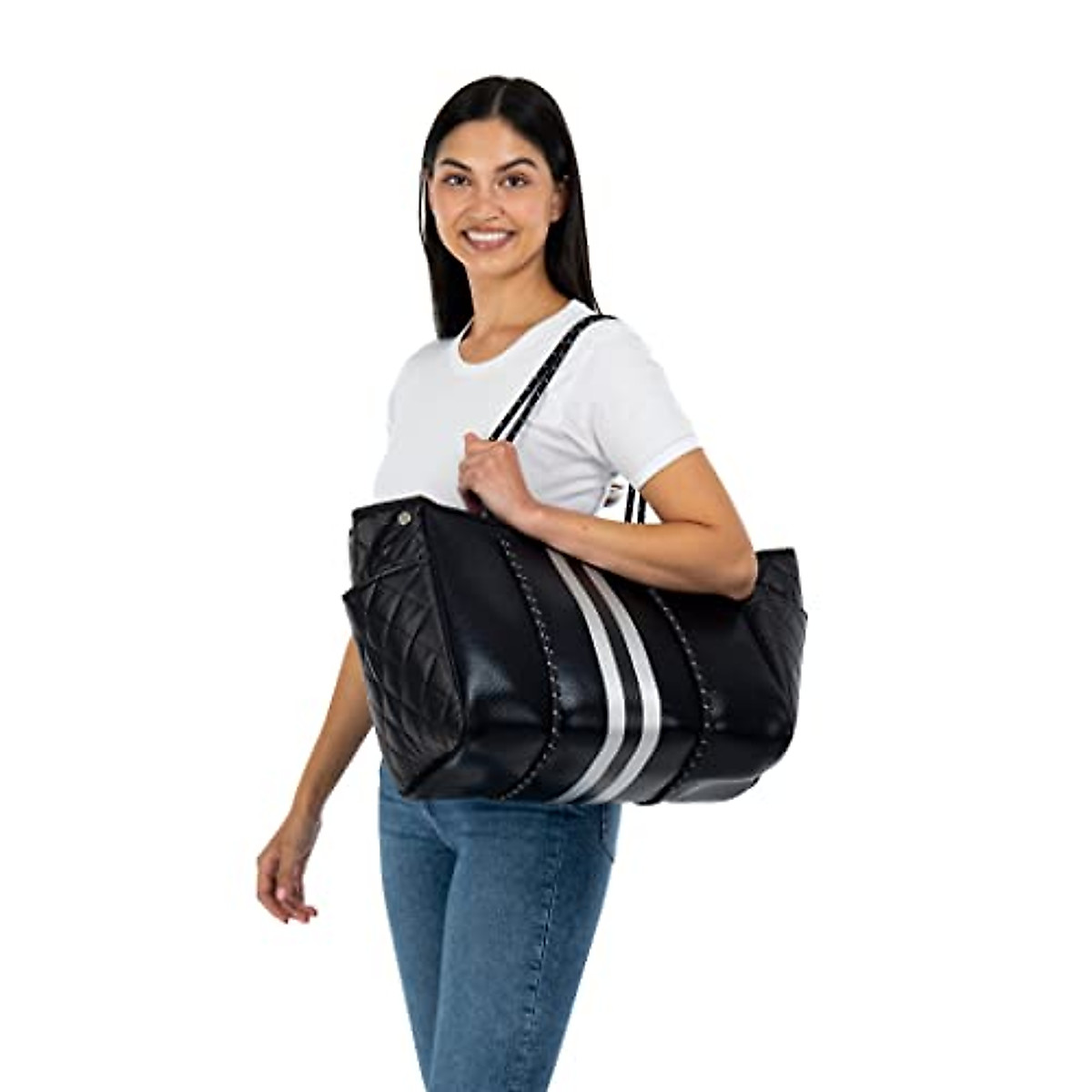 Haute Shore - Greyson Carbon Neoprene Tote Bag w/Zipper Wristlet Inside,Black Coated W/Silver & Black Stripe,One_Size